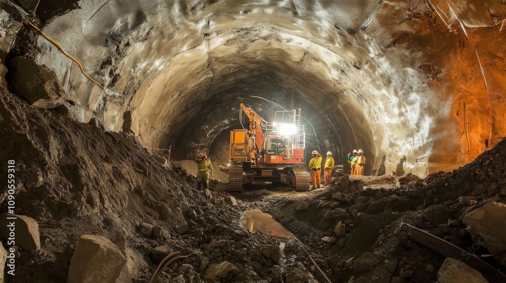 An underground tunnel boring machine (TBM) excavating through rocky ...