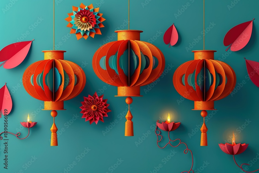 Happy diwali rule of third. Hanging paper graphic of diya rule of third lantern. Indian festival ...