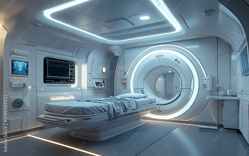 A hightech MRI machine in a sterile hospital environment, designed for ...