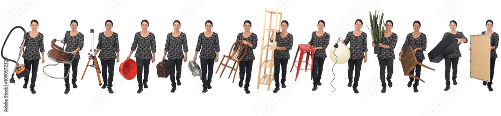 line of front view of the same woman walking carrying various objects ...