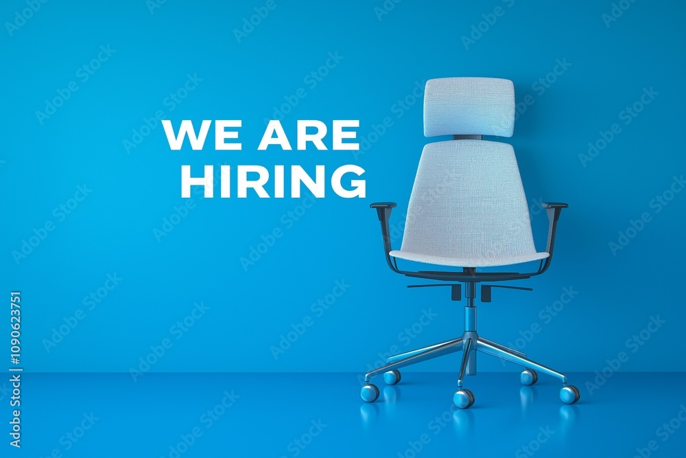We are hiring message with modern office chair in blue background for ...