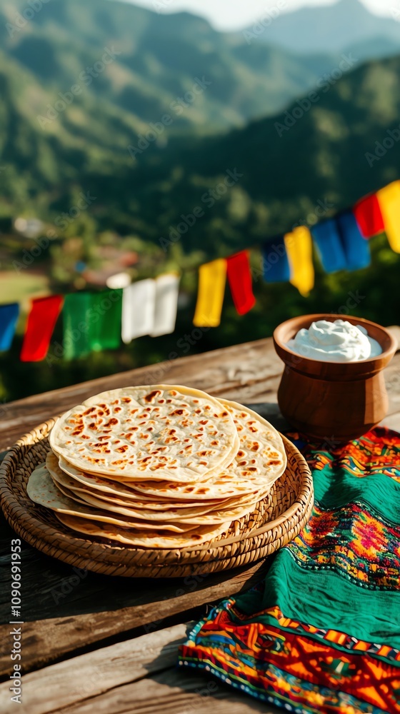 Nepalese sel roti with yogurt, Himalayan peaks and prayer flags ...