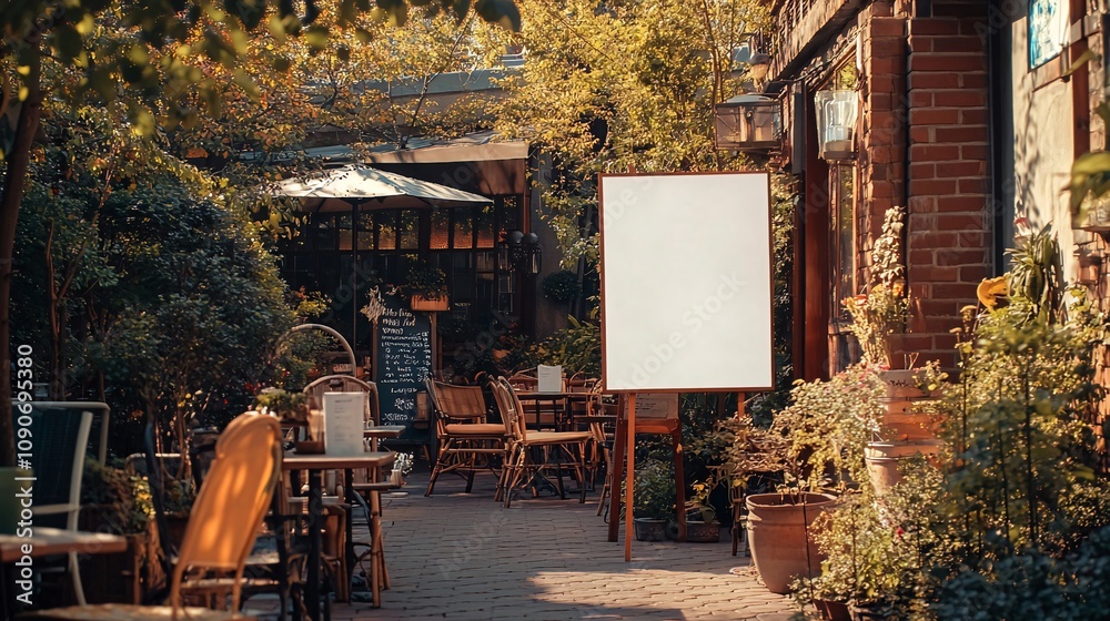 Blank signboard in a charming outdoor cafe patio with tables, chairs ...