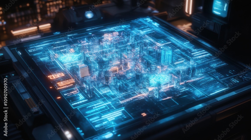 Holographic city map projected in mid-air, glowing in neon blue ...