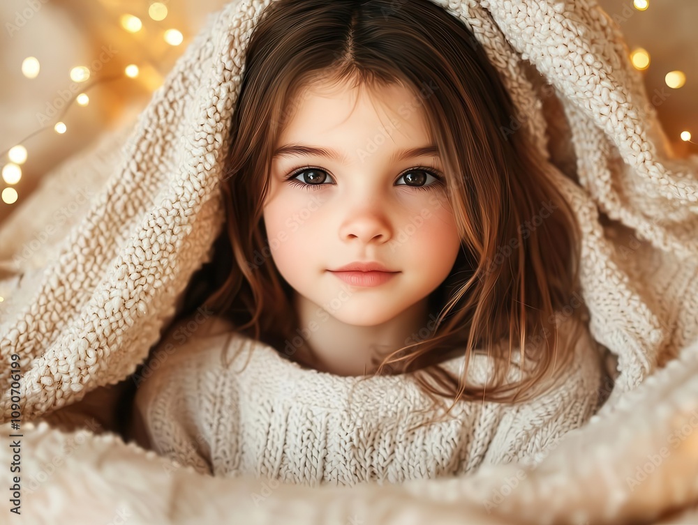 Little girl under a blanket, surrounded by fairy lights, looking ...