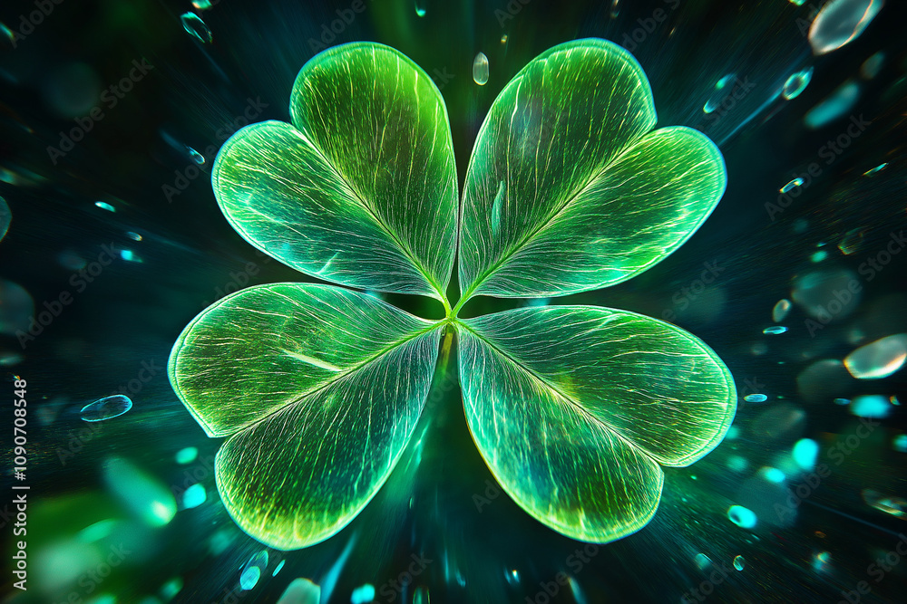Dynamic glowing four-leaf clover with radiant green details and a burst ...