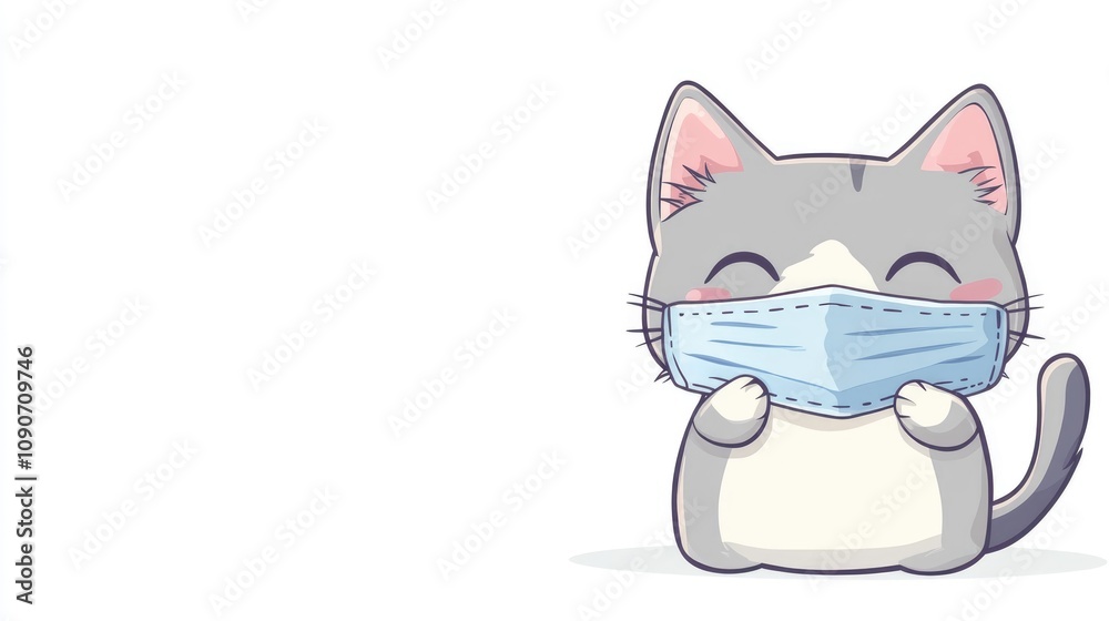 Cute cat holding a surgical mask against a plain white background 2D ...