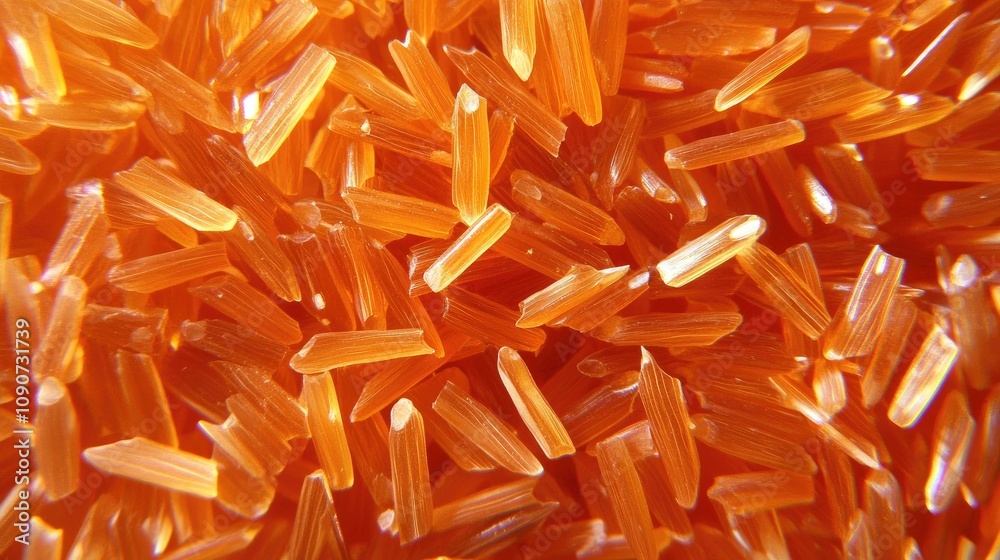 Magnified view of red wholegrain rice grains displaying their elongated ...