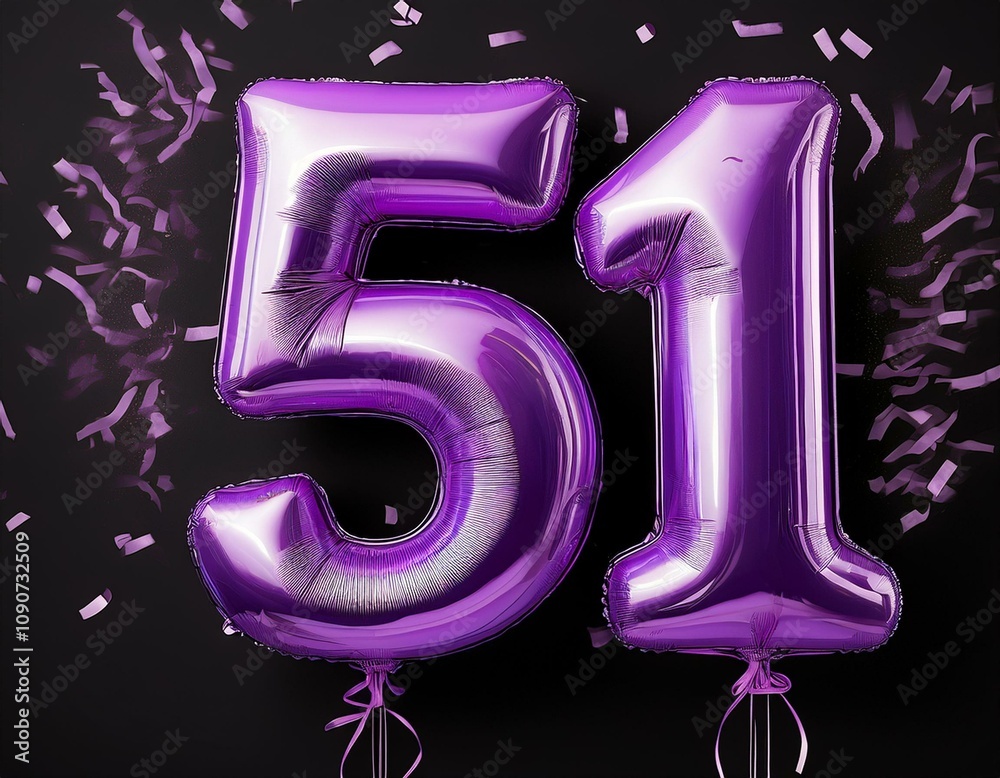 Purple birthday / anniversary balloon, number 51, black background with ...
