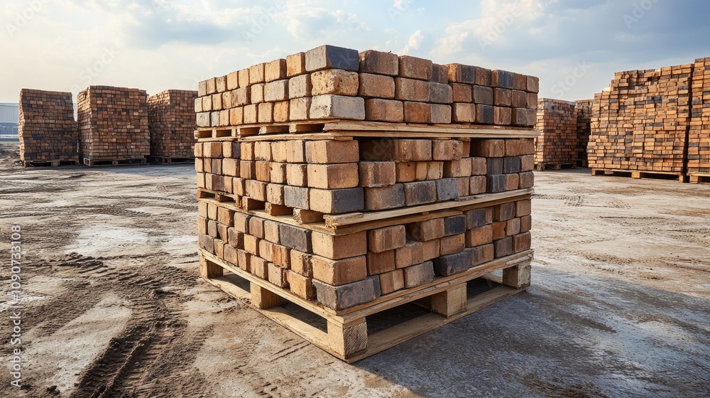 Pallets of freshly manufactured bricks stacked in a construction area ...