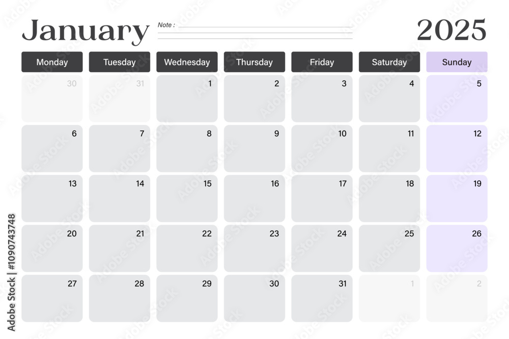 January 2025 calendar desk planner, week starts on Monday, minimal ...