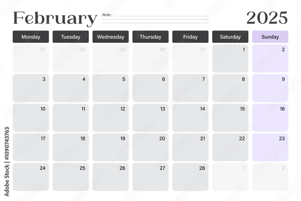 February 2025 calendar desk planner, week starts on Monday, minimal ...
