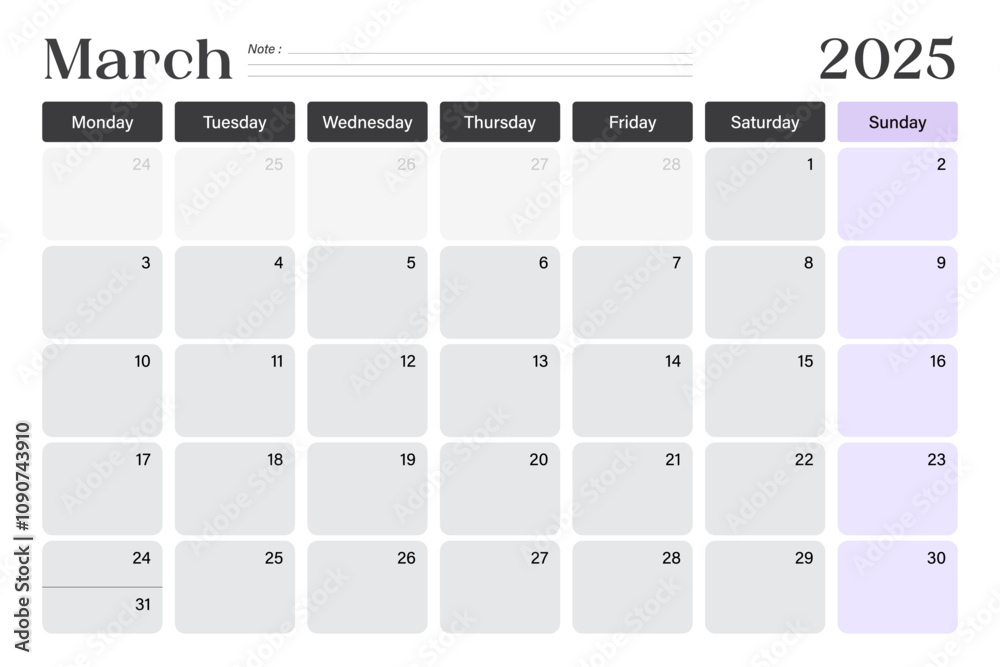 March 2025 calendar desk planner, week starts on Monday, minimal design ...
