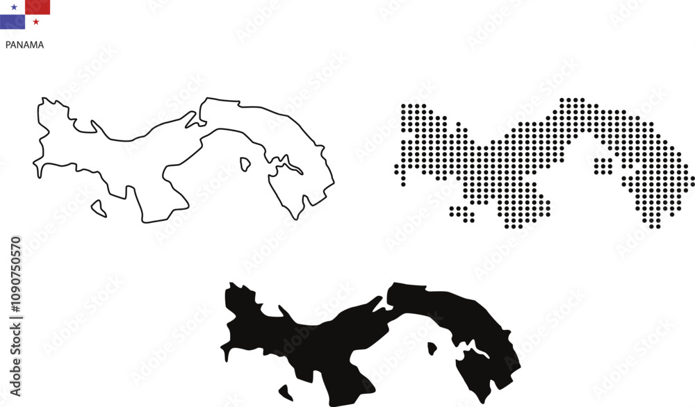Stylized Panama Map Variations: Minimal Outline, Dotted Grid, and Solid ...