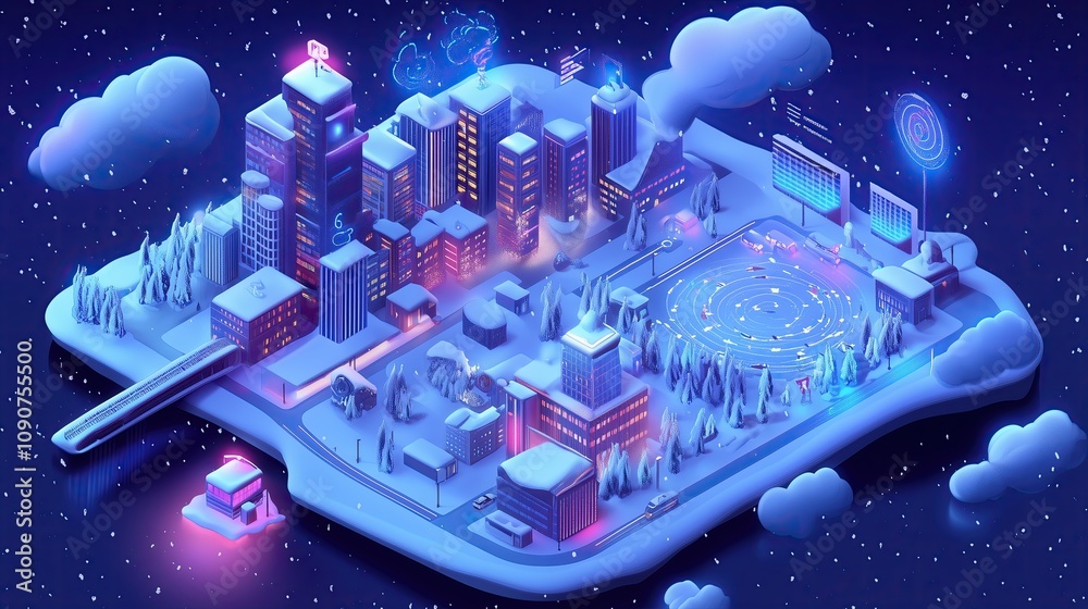 Isometric digital illustration of snow storm tracking, 3D city ...