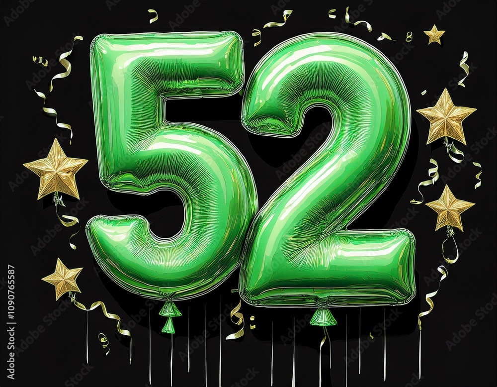 Green birthday / anniversary balloon, number 52, black background with ...