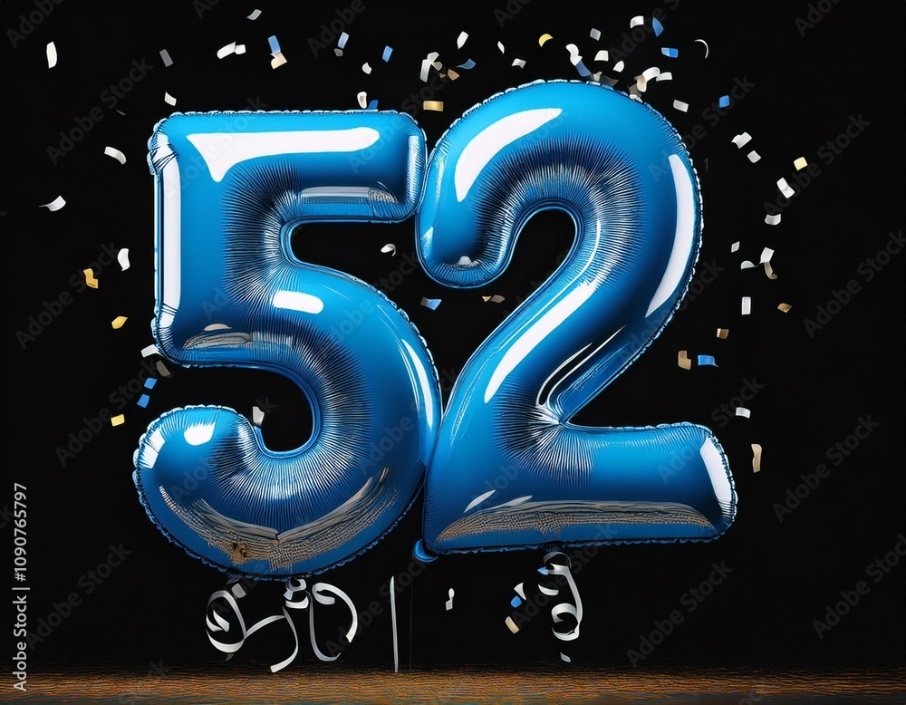 Blue birthday / anniversary balloon, number 52, black background with ...