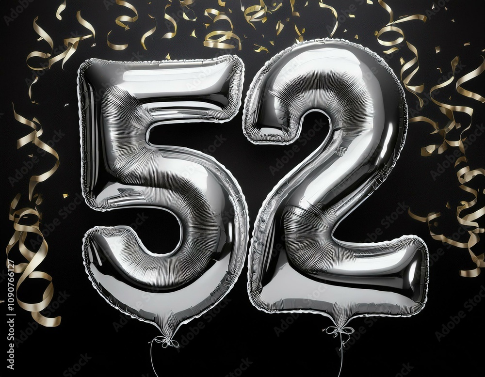 Silver birthday / anniversary balloon, number 52, black background with ...
