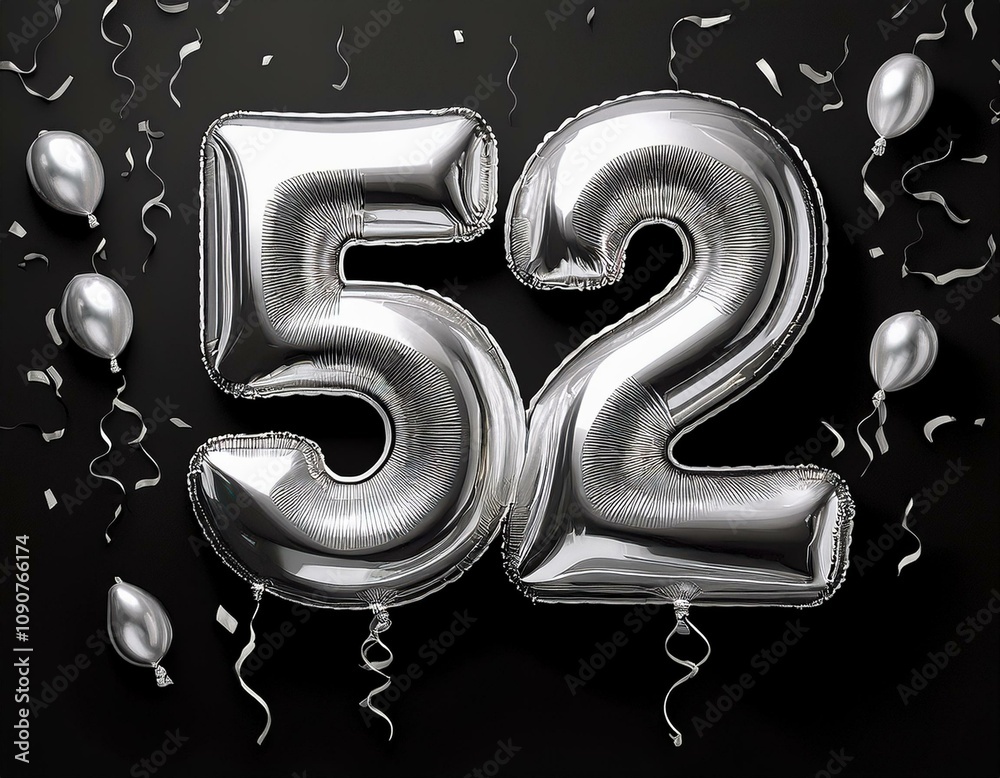 Silver birthday / anniversary balloon, number 52, black background with ...