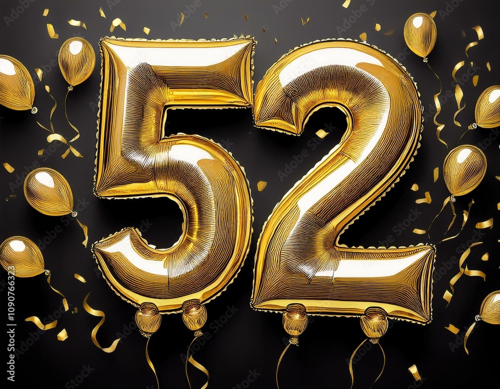 Gold birthday / anniversary balloon, number 52, black background with ...