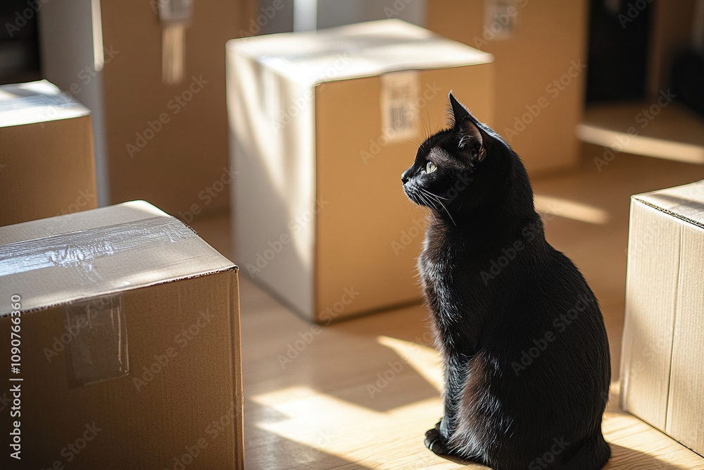 Moving concept. Cardboard boxes on the floor in an empty room. A black ...