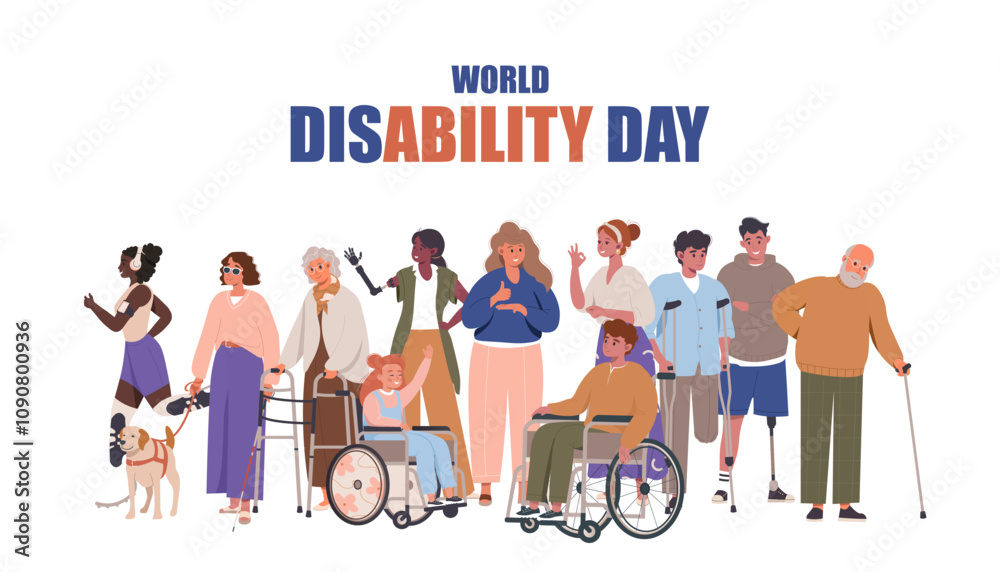 World Disability day. Happy disabled diverse people together landing ...