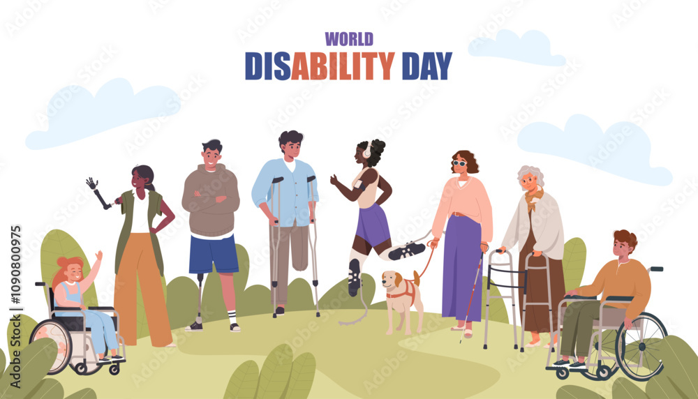 World Disability day. Happy disabled diverse people together landing ...
