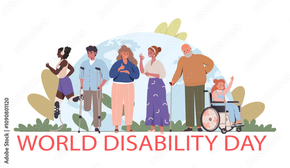 World Disability day. Happy disabled diverse people together landing ...