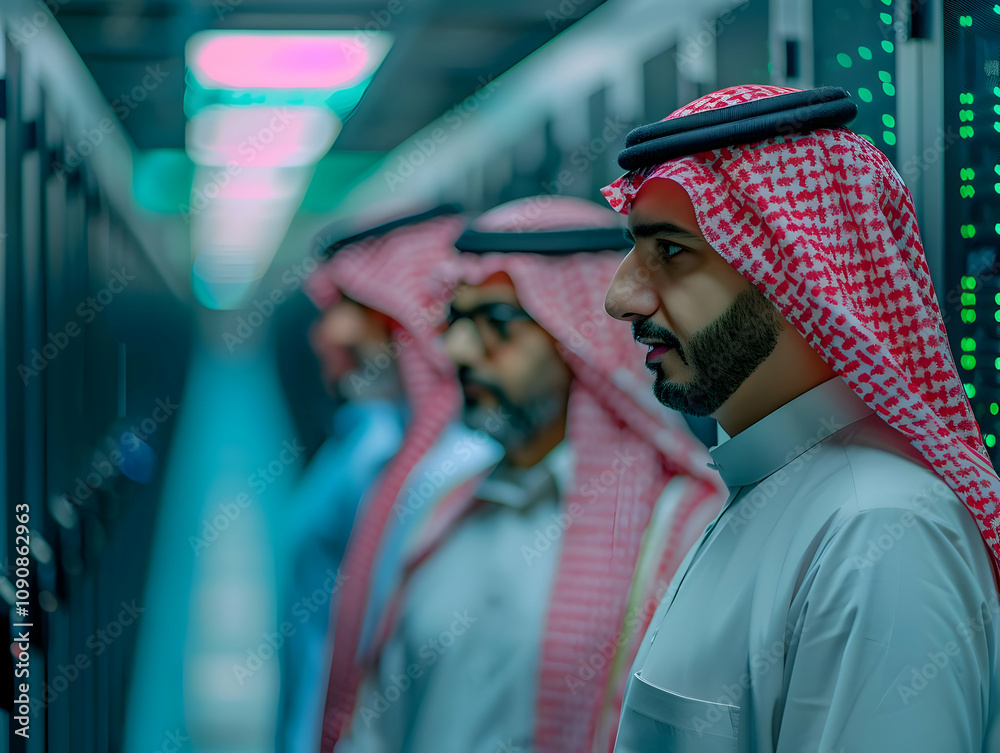 Men in Traditional Arab Attire Inspecting a Modern Data Center with ...