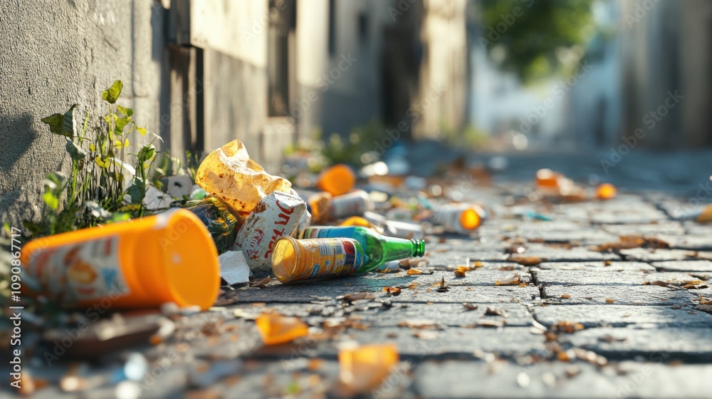 Littered Urban Alley with Colorful Trash and Debris on Cobblestone ...