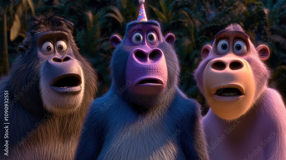 Colorful cartoon gorillas with expressive faces and surprise looks in a ...