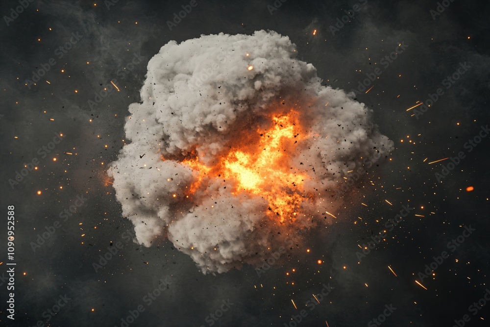 Abstract background with fire particles and sparks, smoke, debris and ...