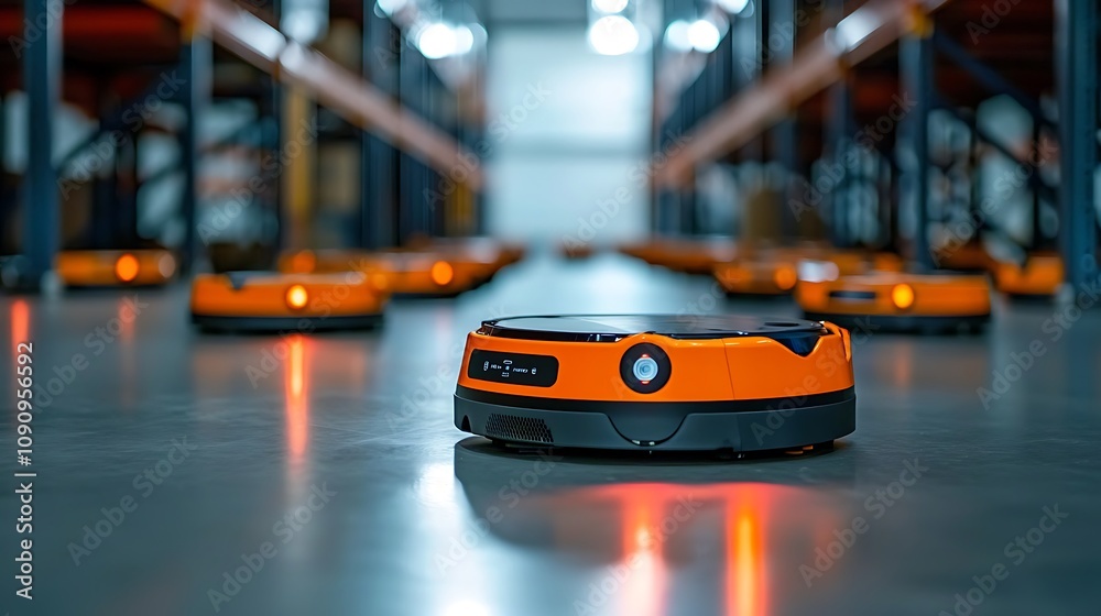 Automated robots in a warehouse setting, showcasing orange robotic ...