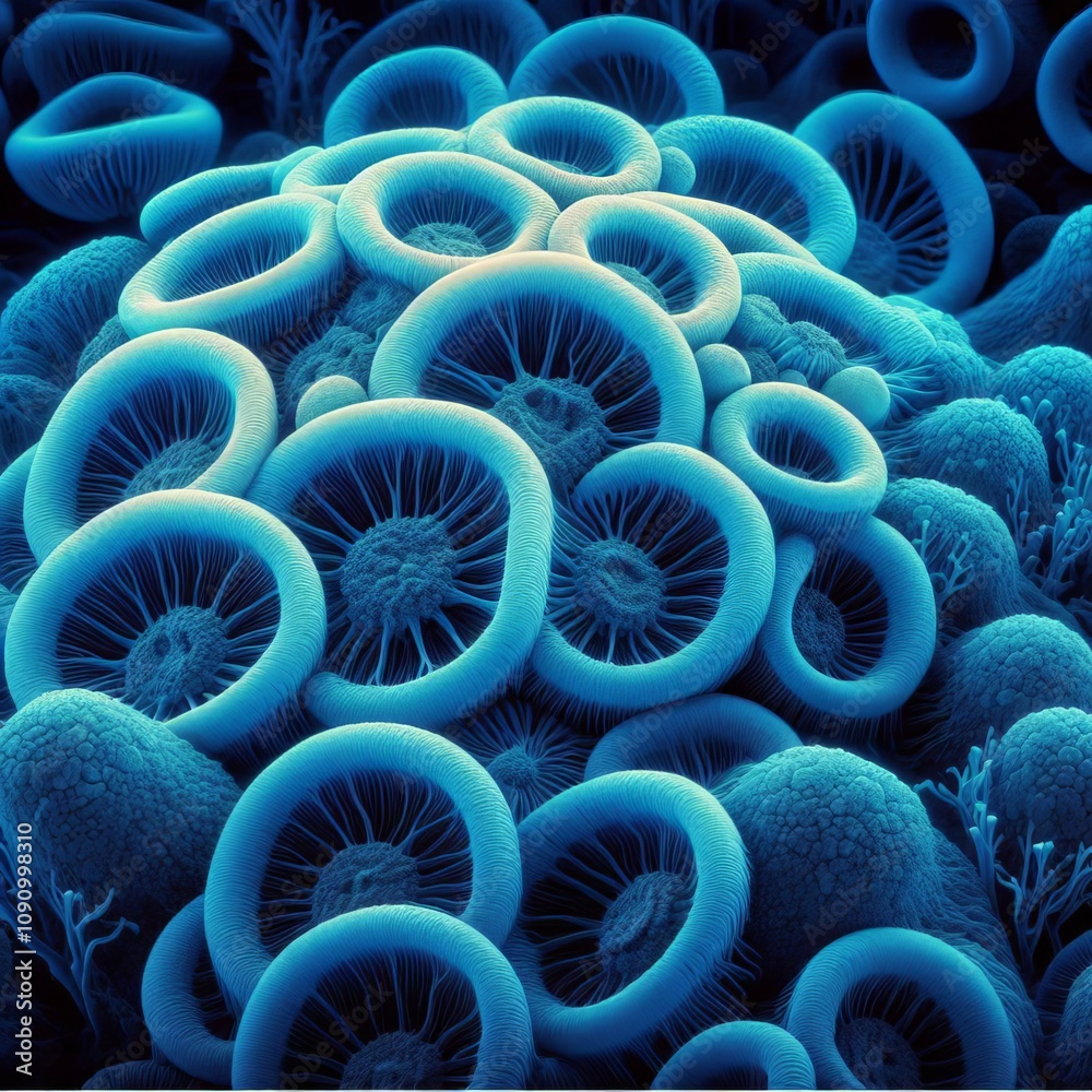 Fusarium fungal spores highlighted in blue fluorescence emphasiz Stock ...