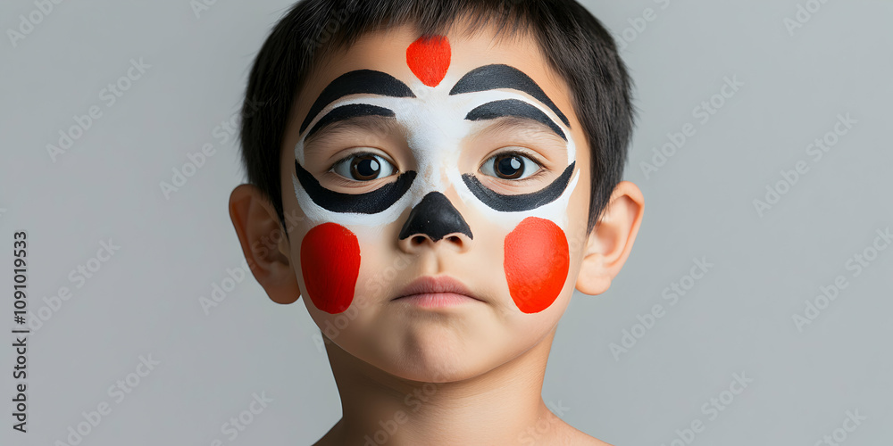 Close up portrait of a young boy wearing intricate and colorful face ...