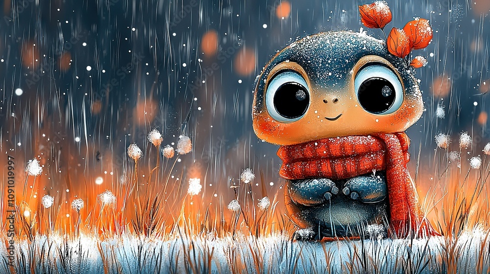 A painting of a little girl sitting in the snow with a scarf wrapped ...