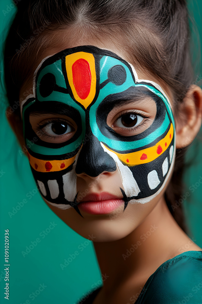 Portrait of a teenage girl wearing a vibrant and intricate mayan ...