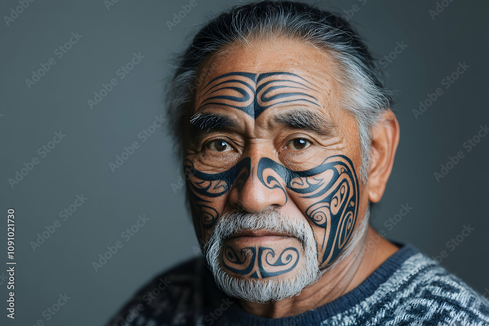 Studio portrait of an elderly maori man with a traditional ta moko ...