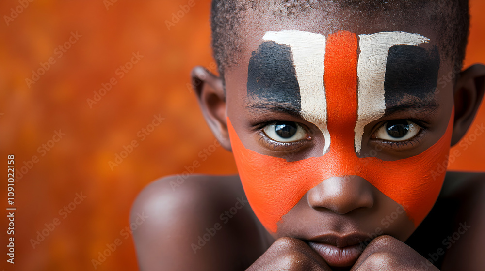 Portrait of a young sudanese boy with traditional face paint resting ...