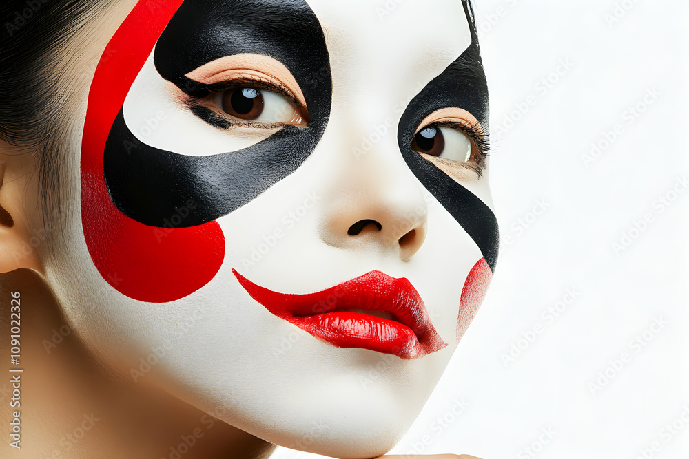 Portrait of a young woman wearing traditional japanese kabuki face ...