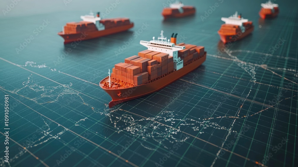 Earth grid overlay with container ships flat design front view transport theme 3D render ...