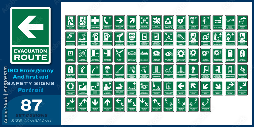 87 set iso emergency and first aid safety signs v70_evacuation route ...