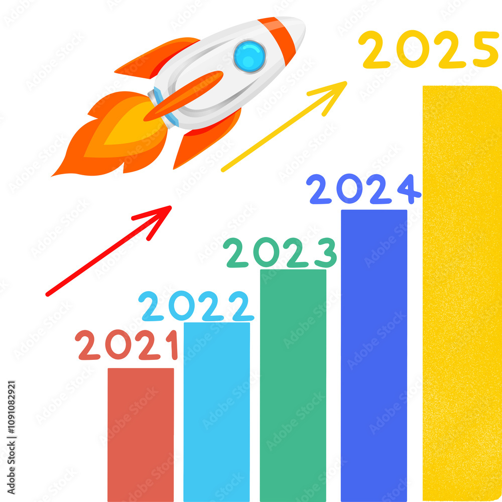 A rocket is launching upward, symbolizing growth, with a colorful bar ...