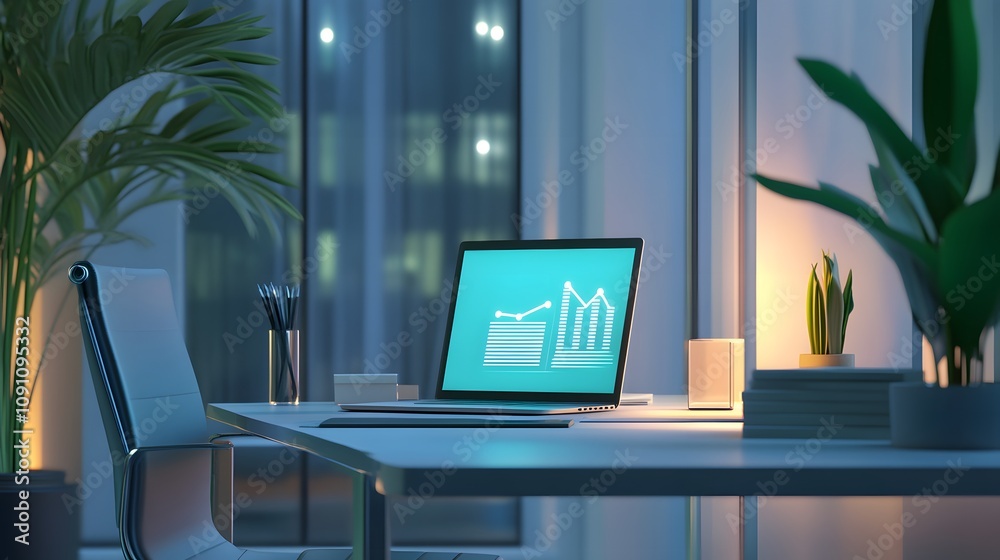 A minimalist office showing a 3D glowing roadmap of milestones and 2D ...