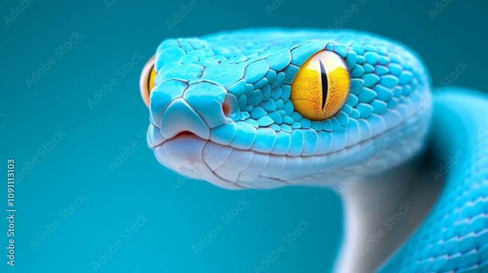 Blue snake with yellow eyes is staring at the camera. The blue color of ...