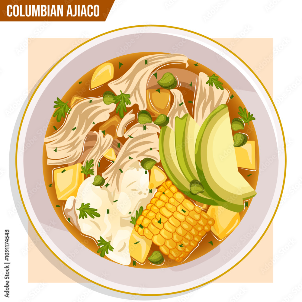 Vector de Stock Ajiaco Bowl Top View. Corn on the Cob, Shredded Chicken ...