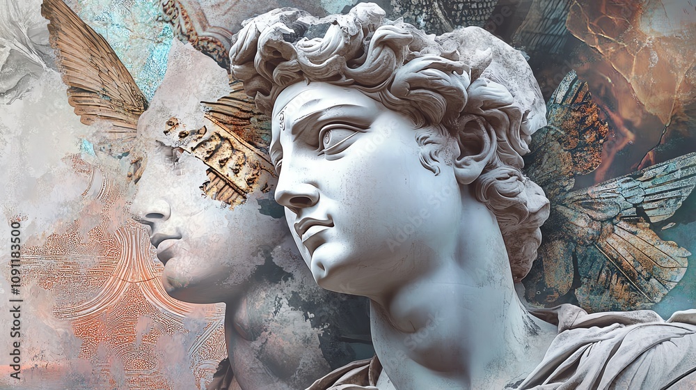 Design a digital collage featuring a classical statue undergoing a ...