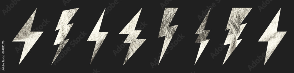 Silver lightning bolt icons collection. Gold foil texture. Flash symbol ...