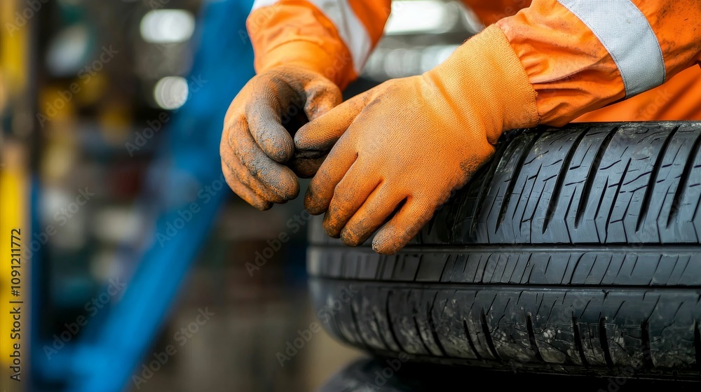 rubber natural tires concept, A worker in an orange safety suit is ...