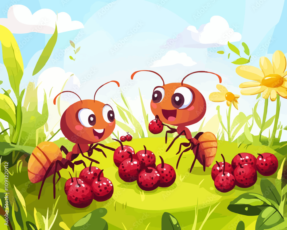 Cartoon ant characters eating berries on meadow grass, vector kids ...